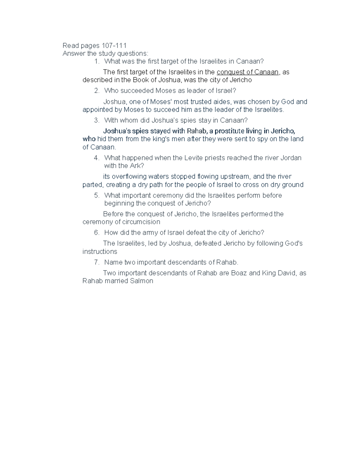 Israelite Conquest of Canaan: Study Questions & Answers - Studocu