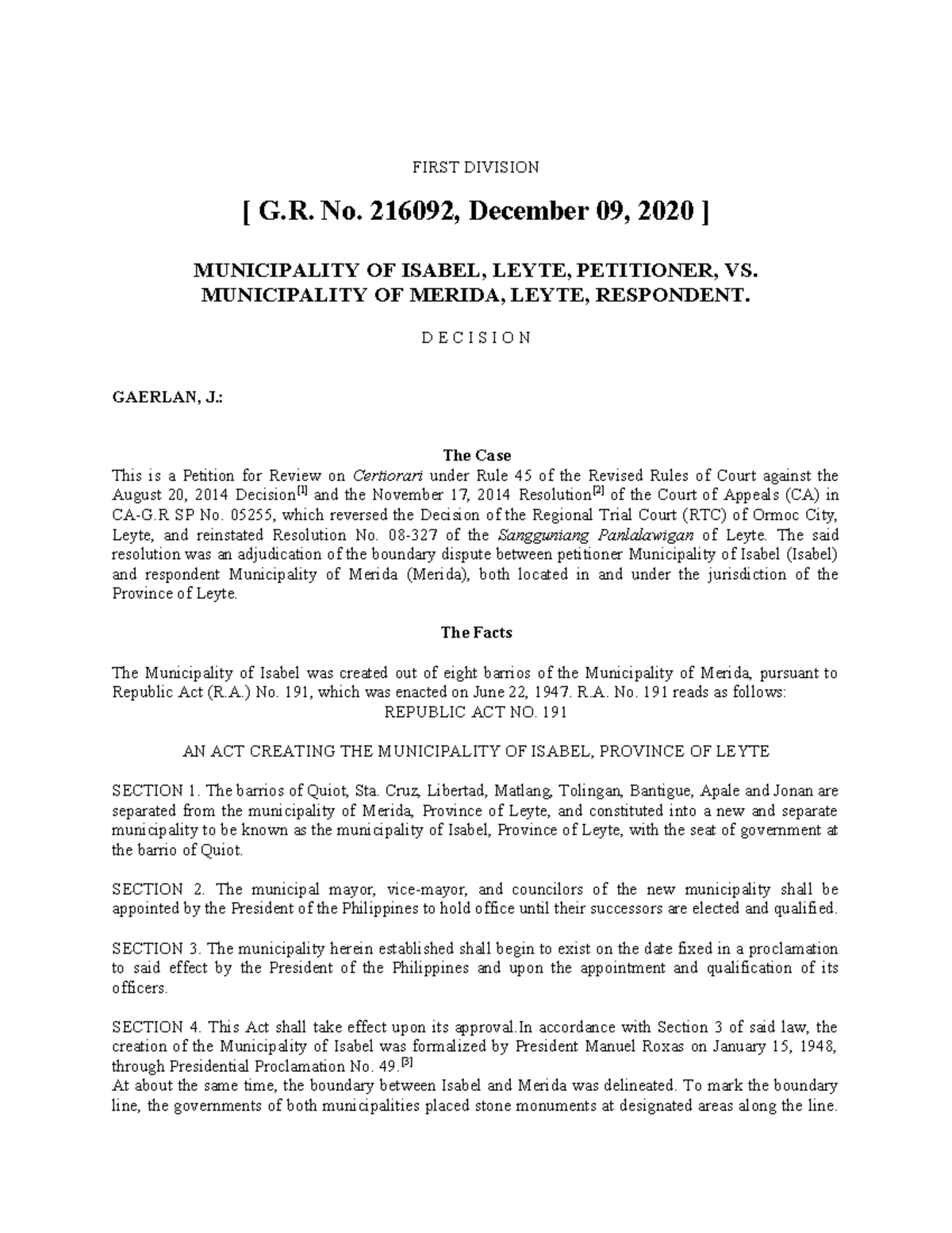 Municipality of Isabel, Leyte vs. Municipality of Merida, Leyte ...