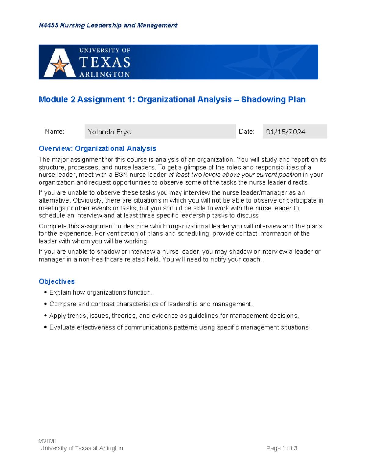 N4455 Module 2 Assignment: Org Analysis Shadow Plan by Yolanda Frye ...