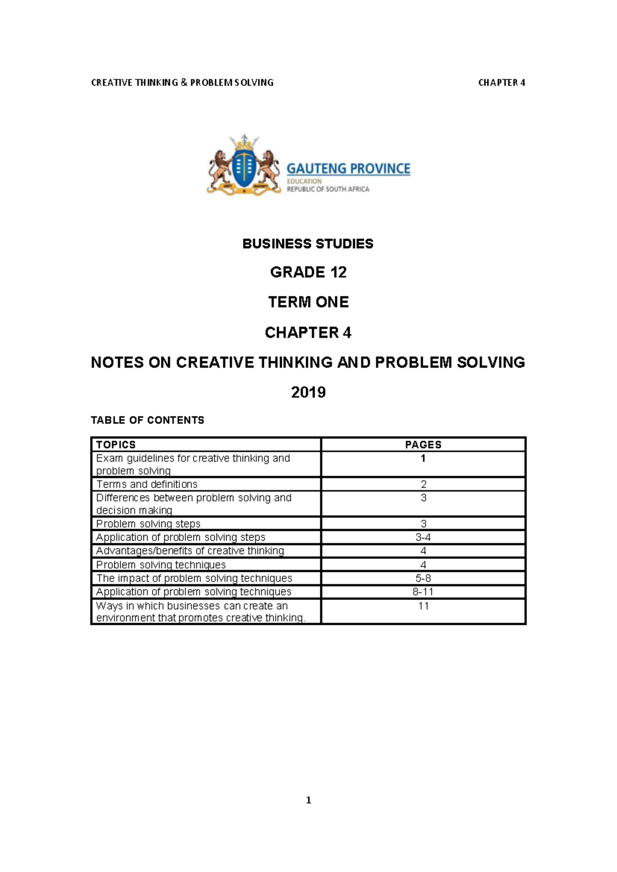 BUSINESS STUDIES GRADE 12 TERM ONE: CHAPTER 4 NOTES ON CREATIVE ...