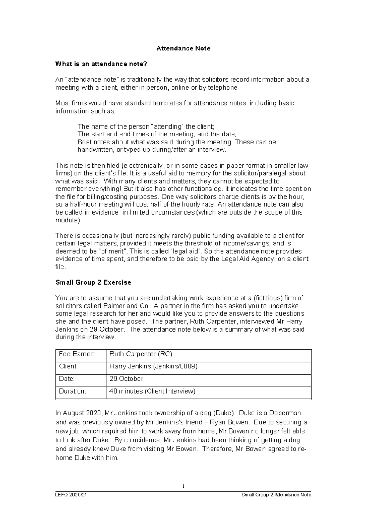 LEFO 2020/21 Small Group 2 Attendance Note: Client Interview Summary ...