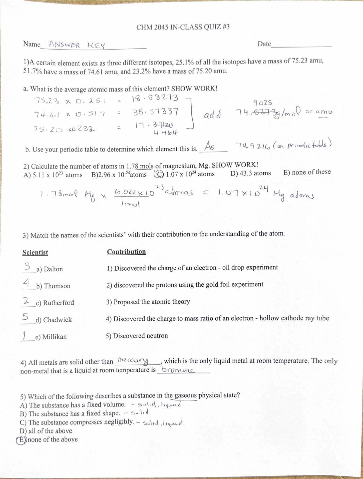 CHM 2045 IN-Class QUIZ #3 ANSWER KEY and Solutions - Studocu