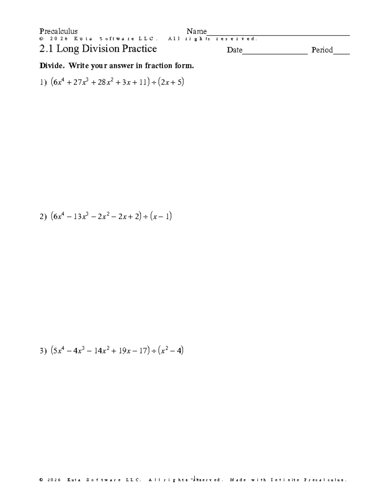 Precalculus 2.1 Long Division Practice Worksheet - Studocu