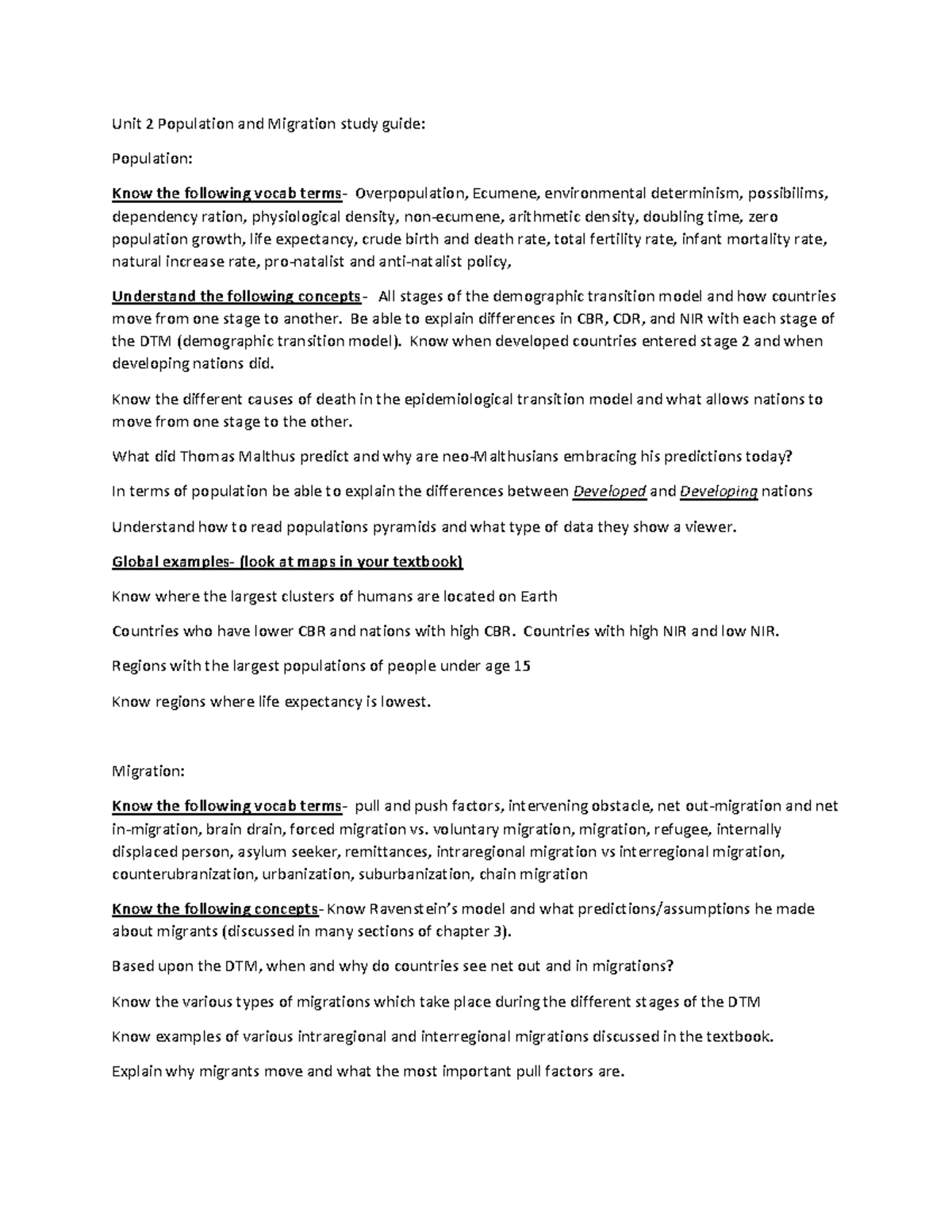 Unit 2 Study Guide: Population & Migration Concepts and Terms - Studocu