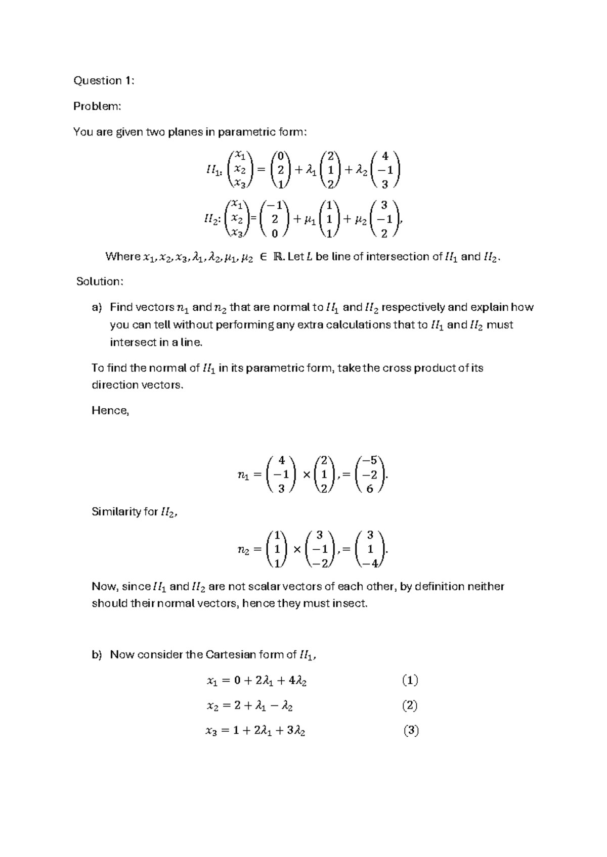 MATH1131 Assignment: Intersection of Planes and Mean Value Theorem ...