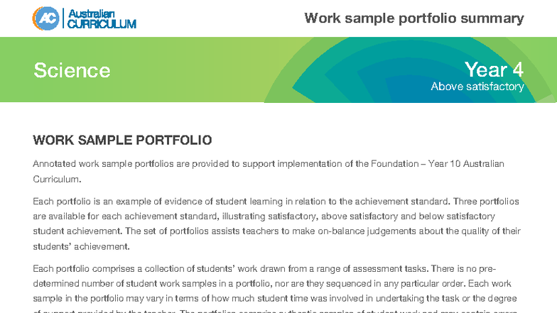 Year 4 Science Portfolio: Above Satisfactory Work Samples - Studocu