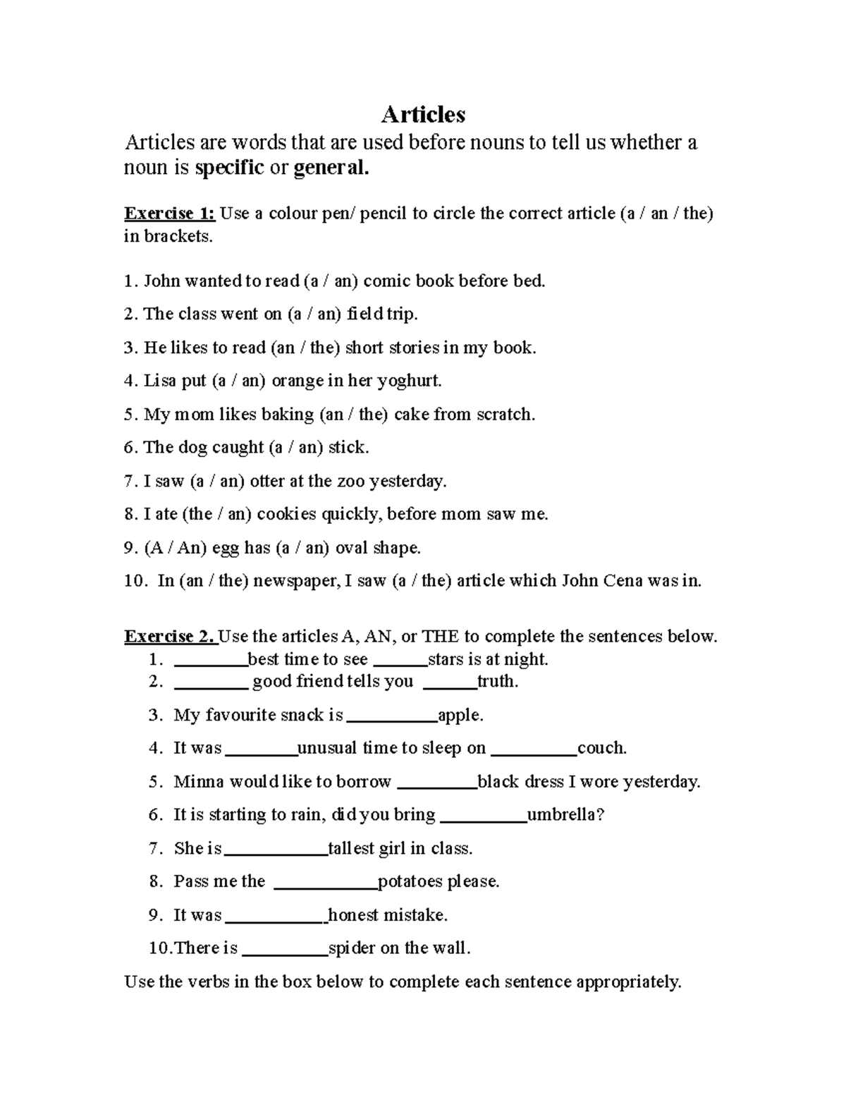 Articles Worksheet - Practice Exercises for Understanding Usage - Studocu
