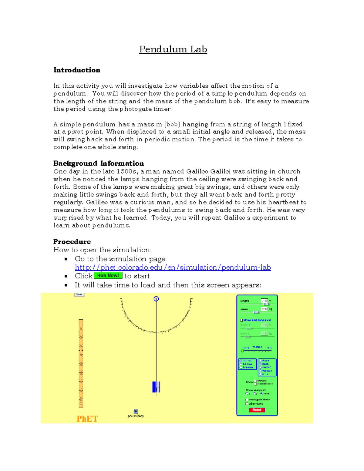 Pendulum Lab Investigation - PHET Simulation Analysis - Studocu