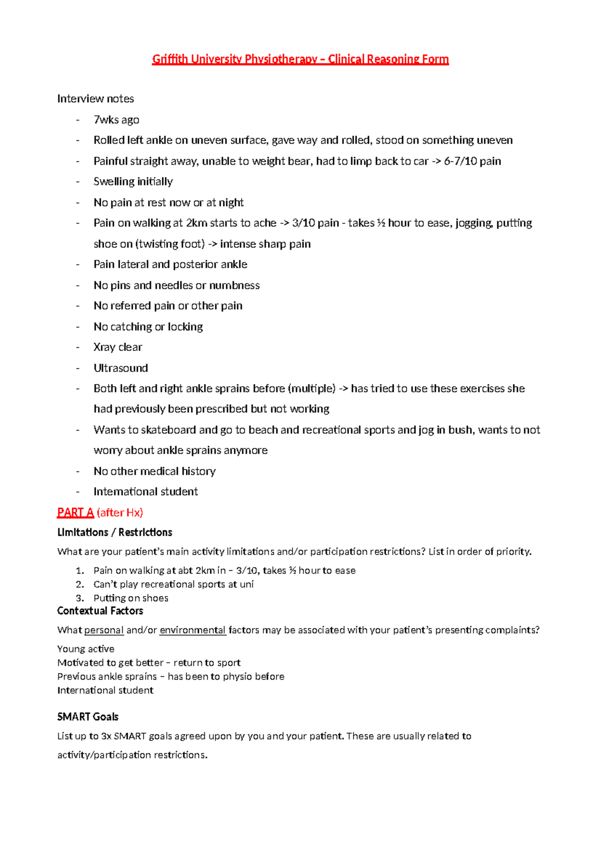 2404AHS Physiotherapy Clinical Reasoning Form - Week 11 Tutorial Notes ...