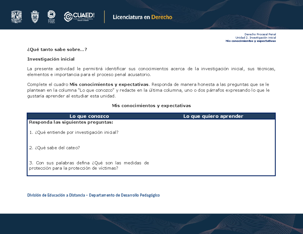Derecho Procesal Penal U2: Investigación Inicial y Expectativas - Studocu