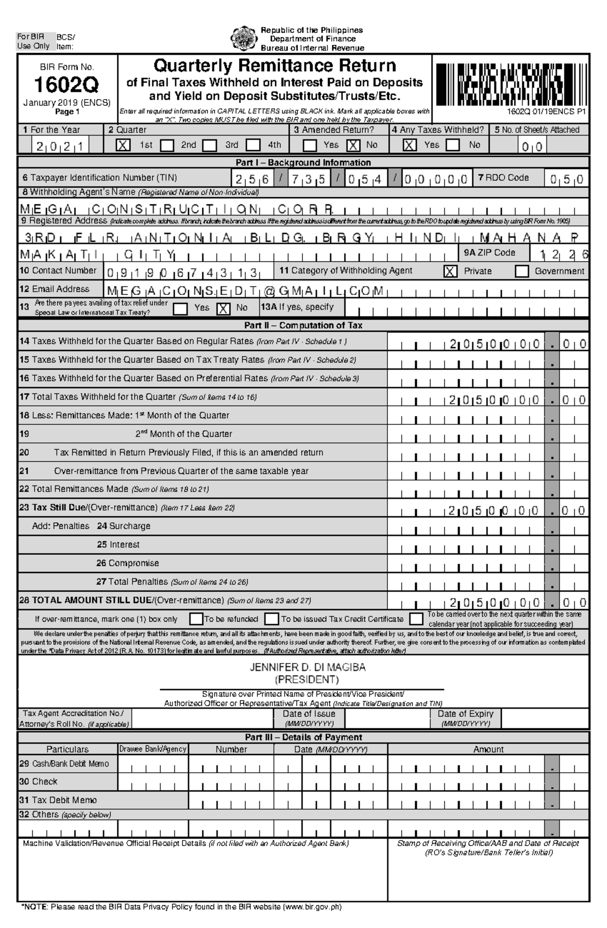 1602 - ASDFASFDF - BIR Form No. 160 2Q January 2019 (ENCS) Page 1 ...
