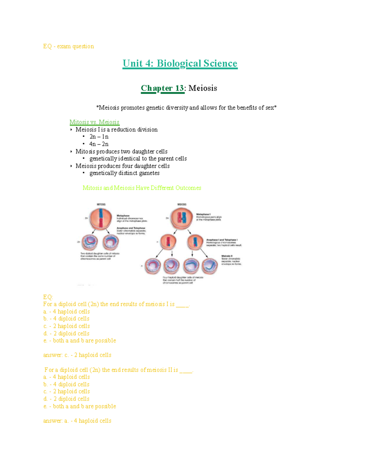 Meiosis Key Concepts & Outcomes: Biological Science Unit 4 Notes - Studocu