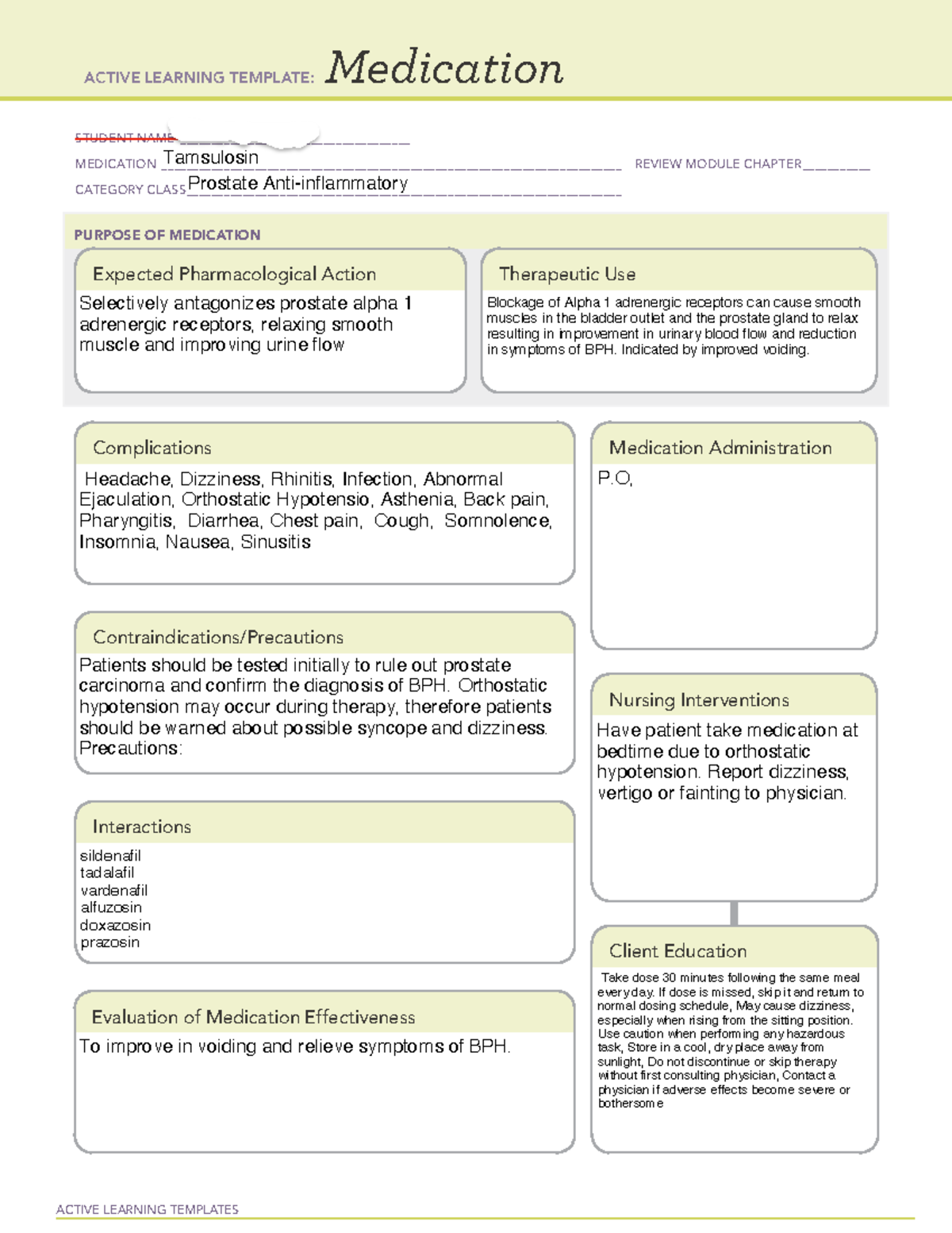 Tamsulosin Medication Template ATI Sheet - Active Learning Guide - Studocu