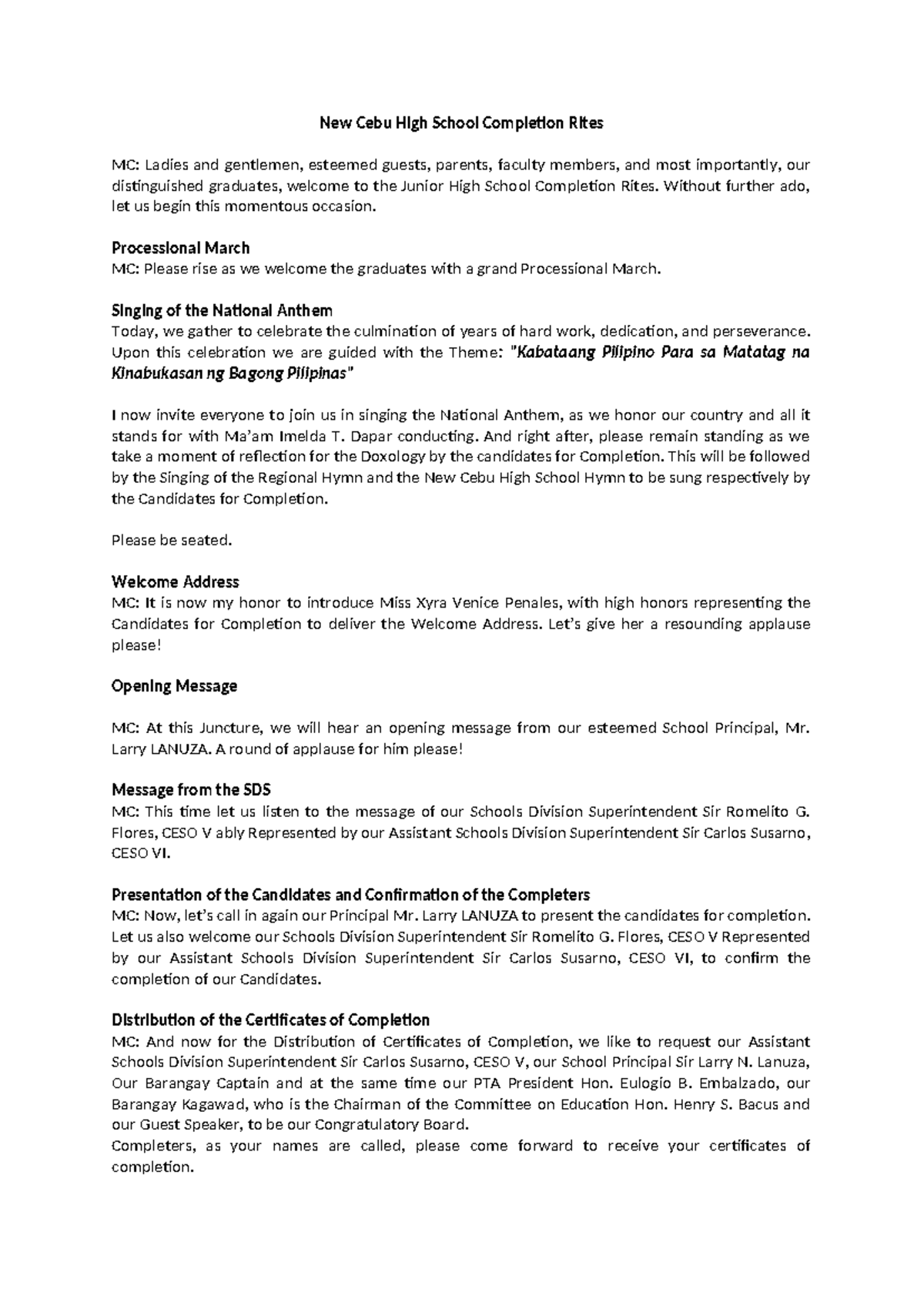 Master of Ceremony Script for New Cebu High School Completion Rites ...
