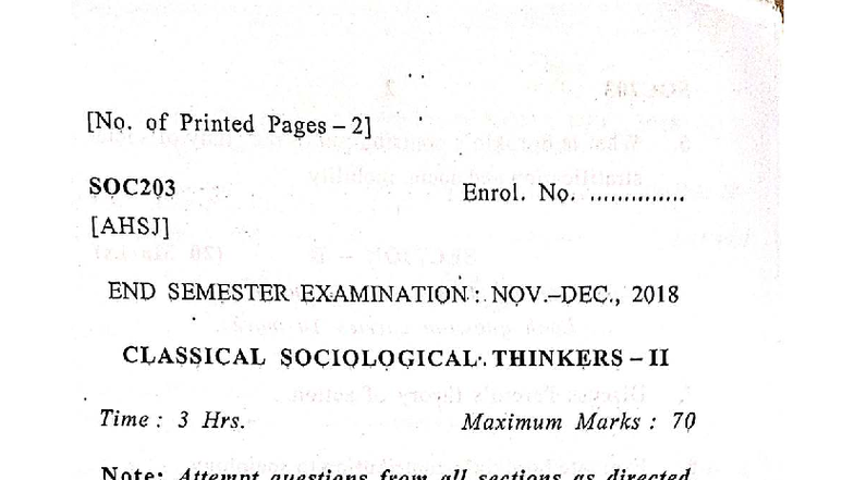 SOC203 End Semester Exam: Classical Sociological Thinkers II - Studocu