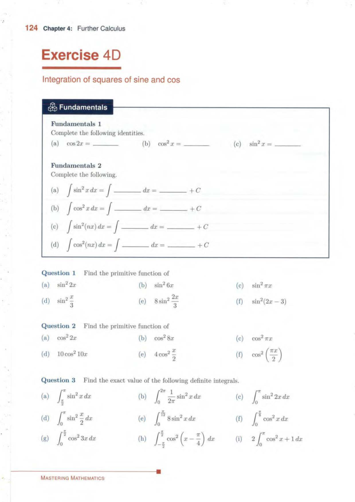 124 Chapter 4: Integration of Sine and Cosine Squared Exercises - Studocu