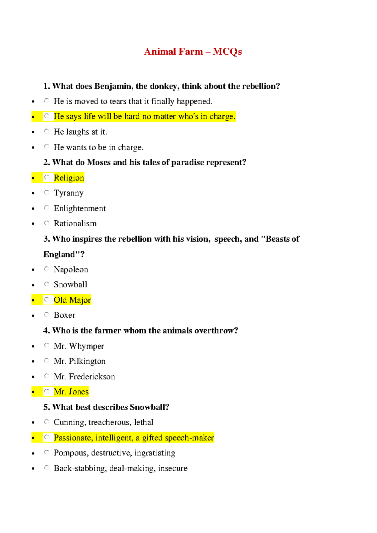 Animal Farm (ENG 101) Quiz: Multiple Choice Questions & Answers - Studocu