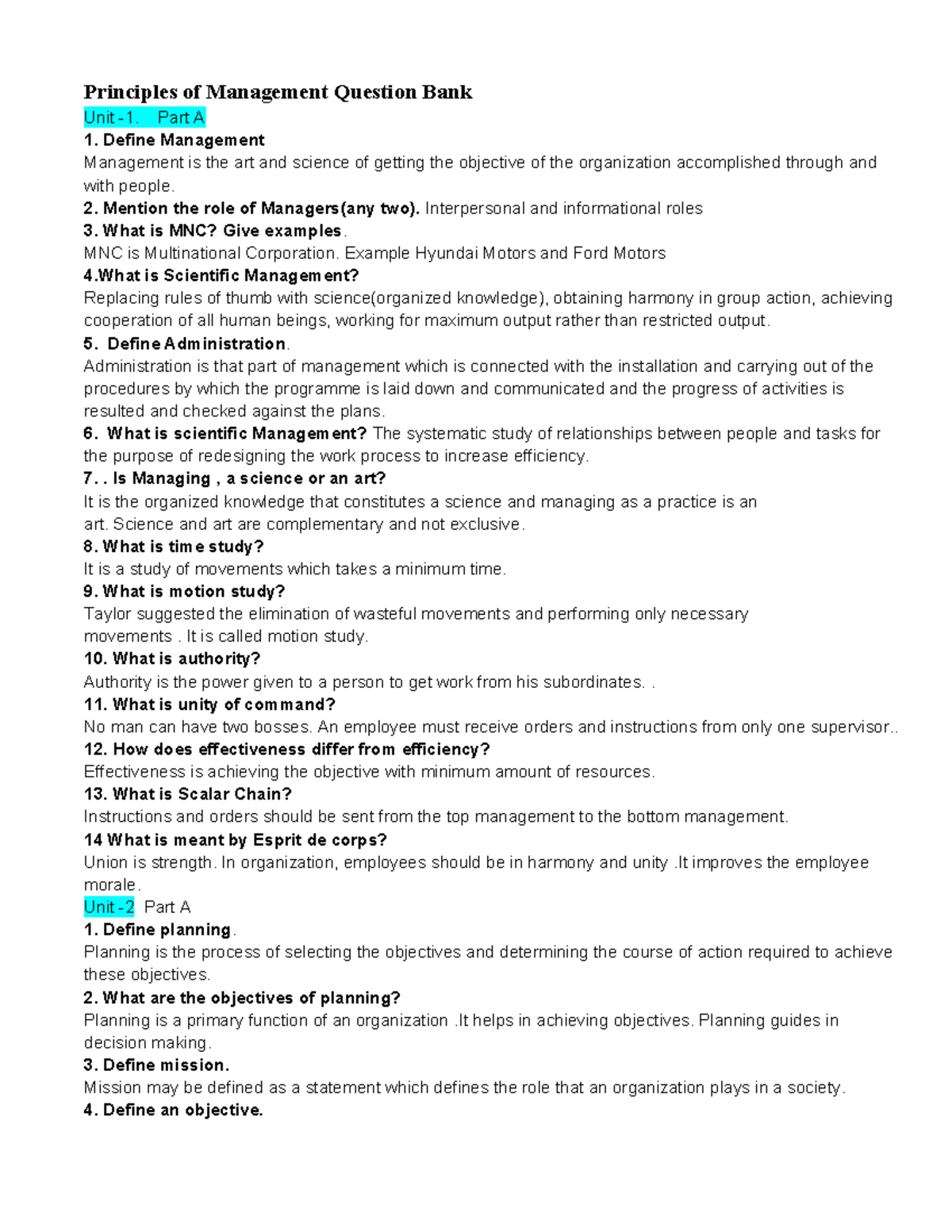 Principles of Management Question Bank: Unit-wise 2 Mark Q&A - Studocu