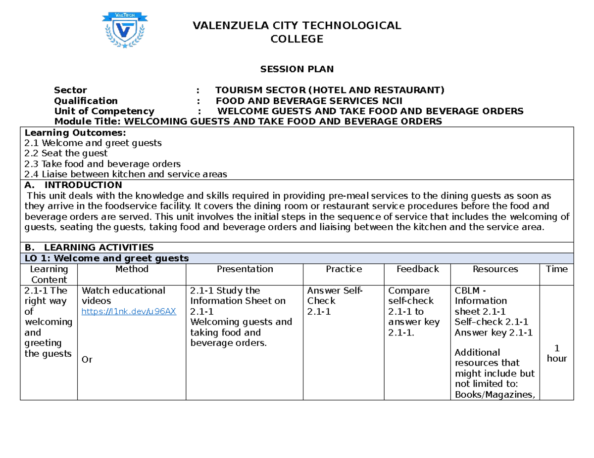 Session Plan for Food and Beverage Services NCII: Welcoming Guests & Orders - Studocu