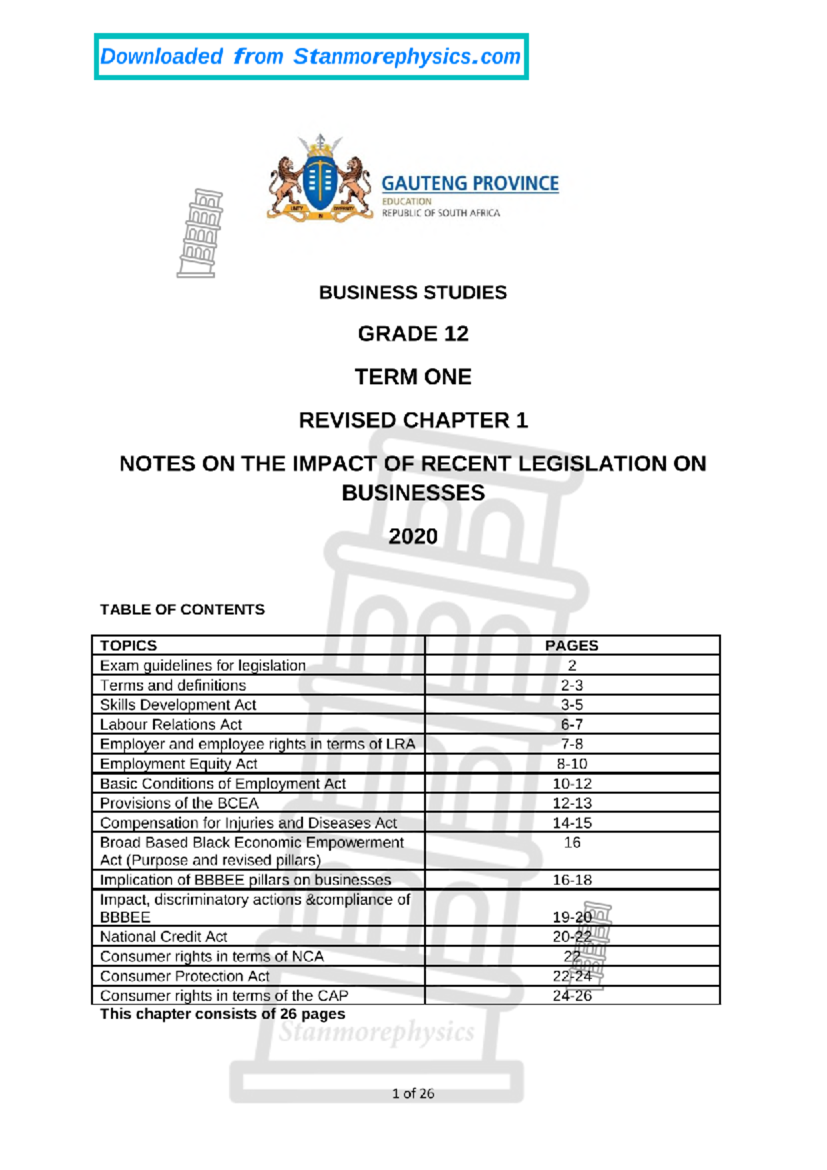 Grade 12 Business Studies Notes: Impact of Legislation (Term 1, Gauteng ...