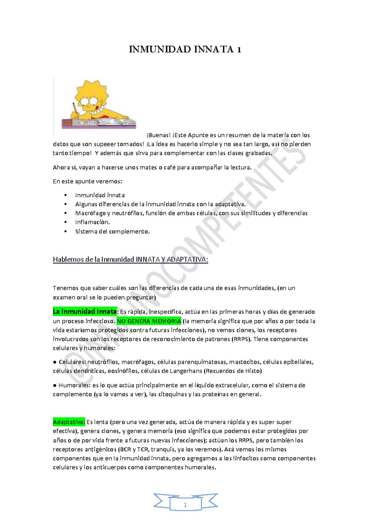 Inmunidad Innata 1: Resumen y Claves para el Examen - Studocu