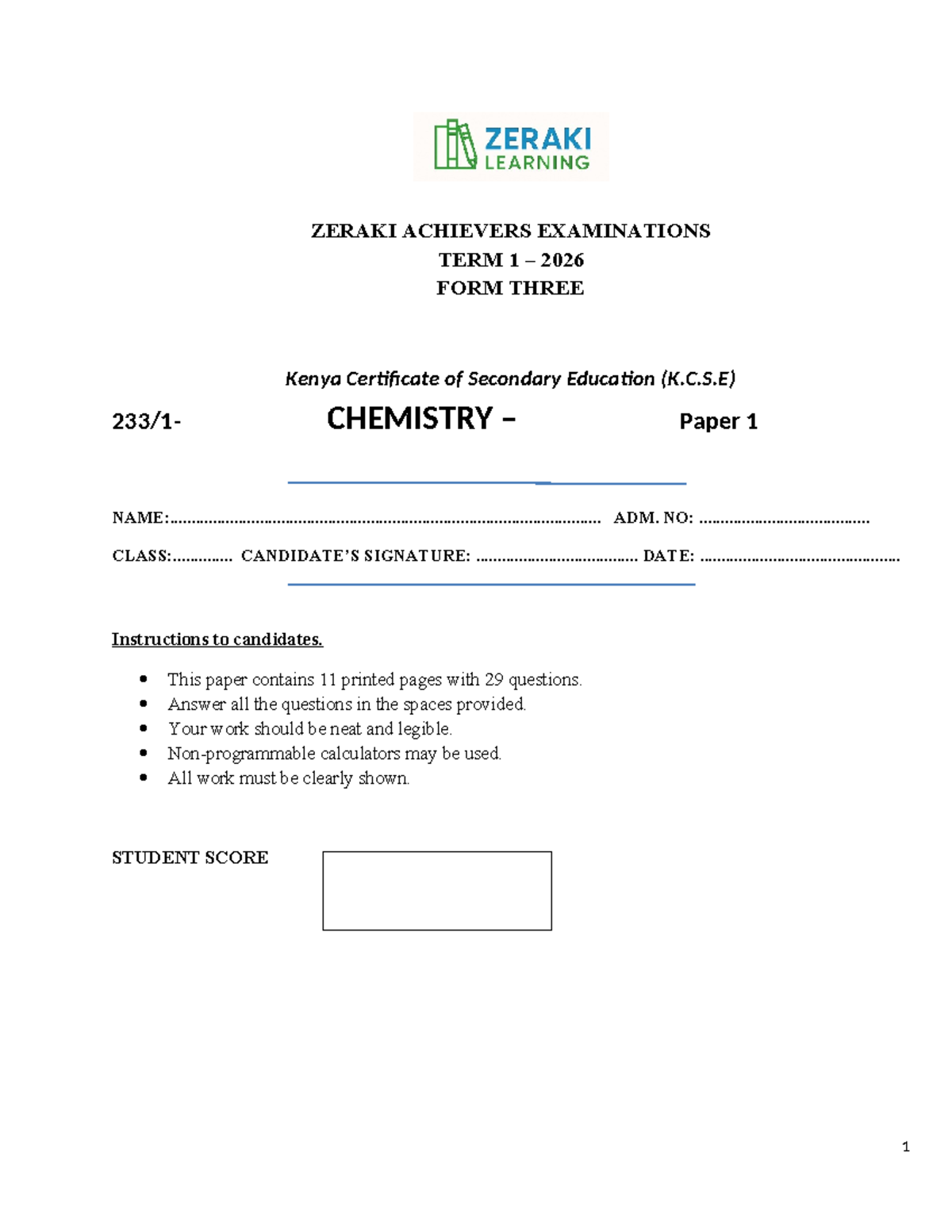K.C.S.E CHEMISTRY Paper 1 Term 1 2026 Marking Scheme - Studocu