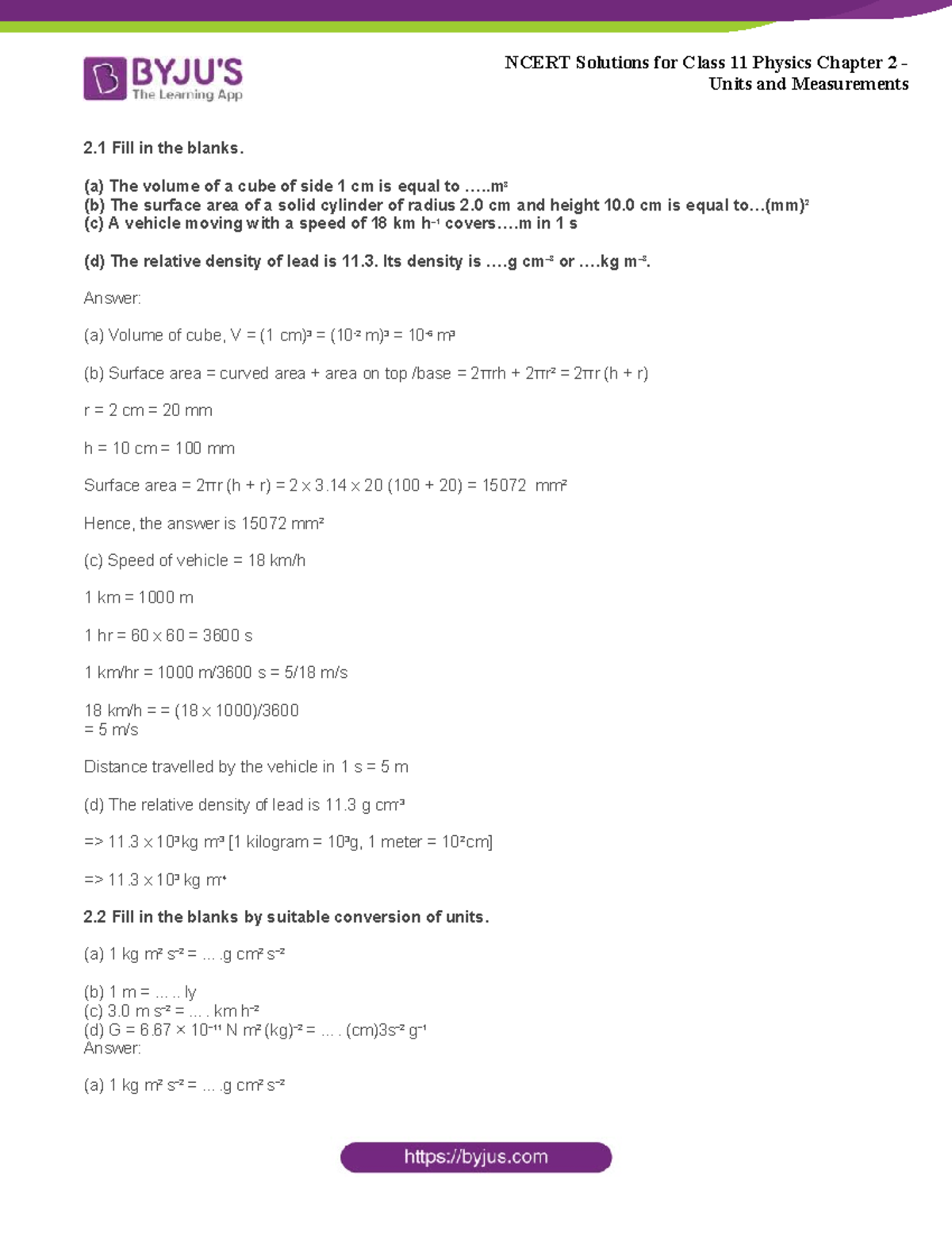 NCERT Solutions for Class 11 Physics Chapter 2: Units and Measurements ...