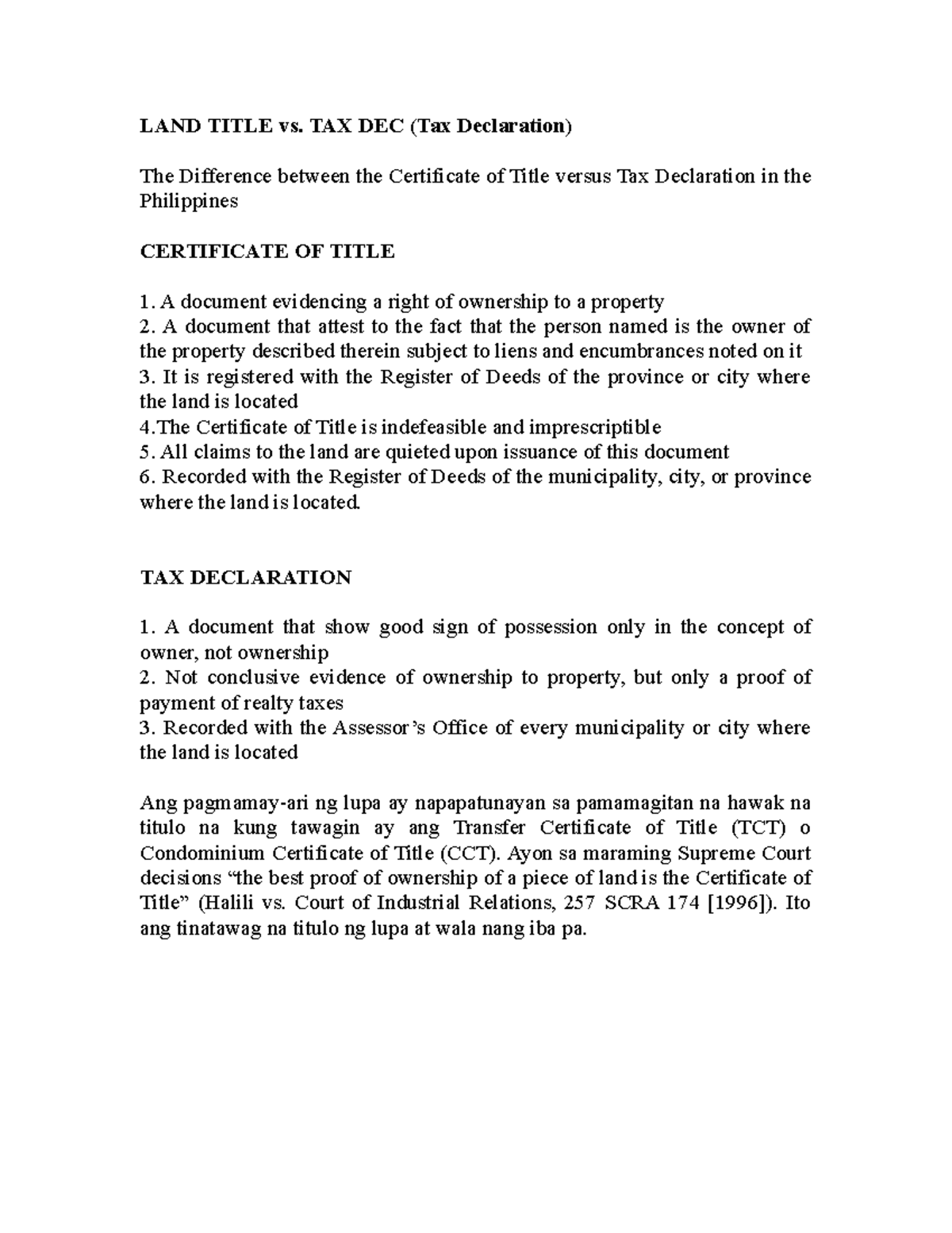 LECTURE NOTES ON LAND TITLE vs TAX DECLARATION (Philippines) - Studocu