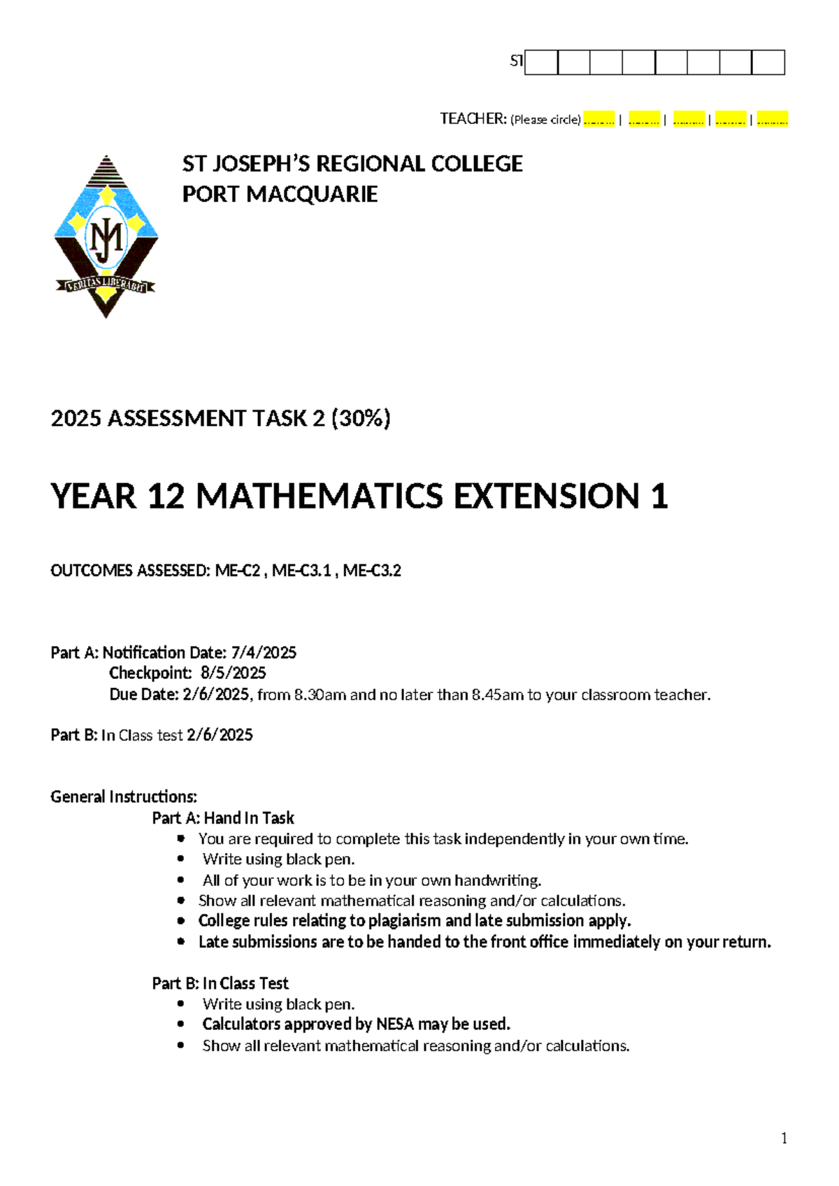 Year 12 Mathematics Extension 1 Assessment Task 2 - 2025 - Studocu