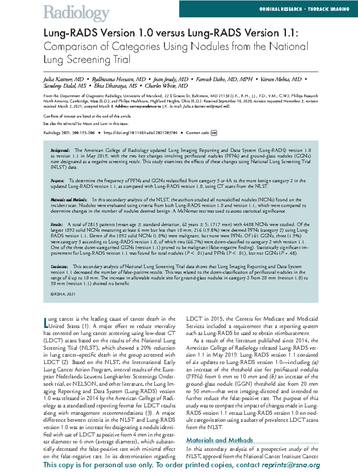 LUNG RADS 1.0 vs 1.1: Nodules Comparison in National Lung Screening ...