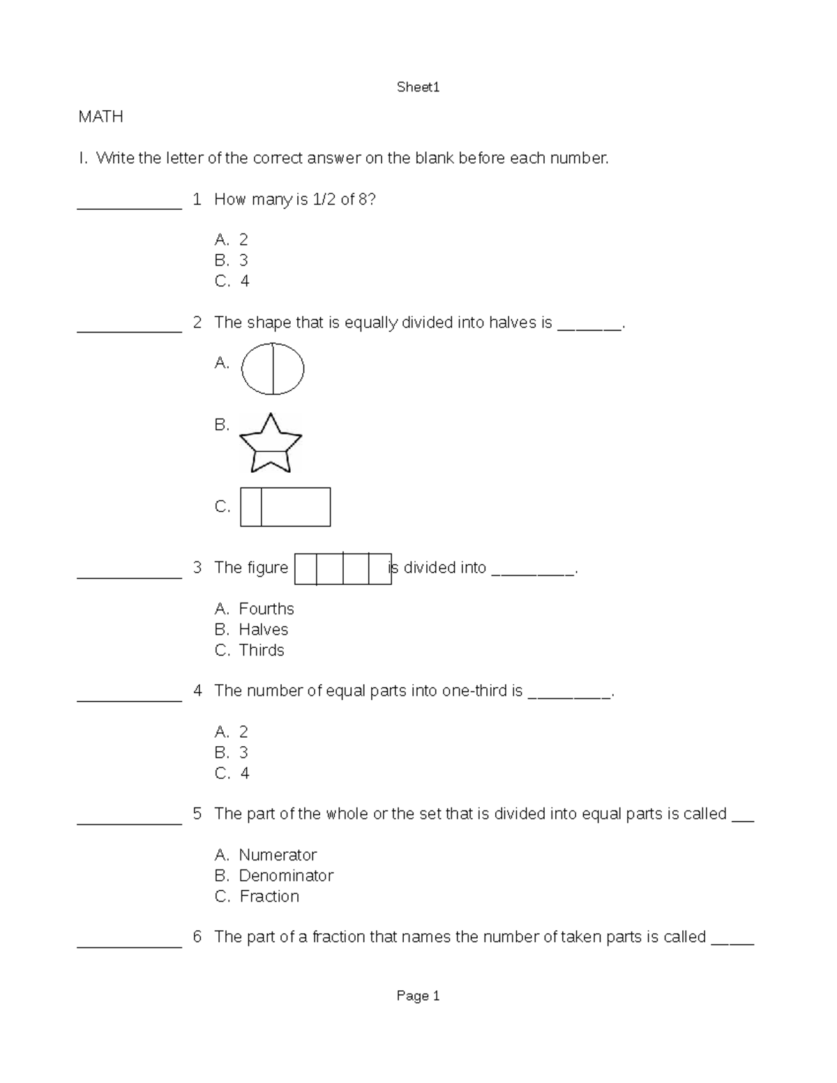 MATH I 405451297 Grade 1 Review: Fractions and Shapes - Studocu