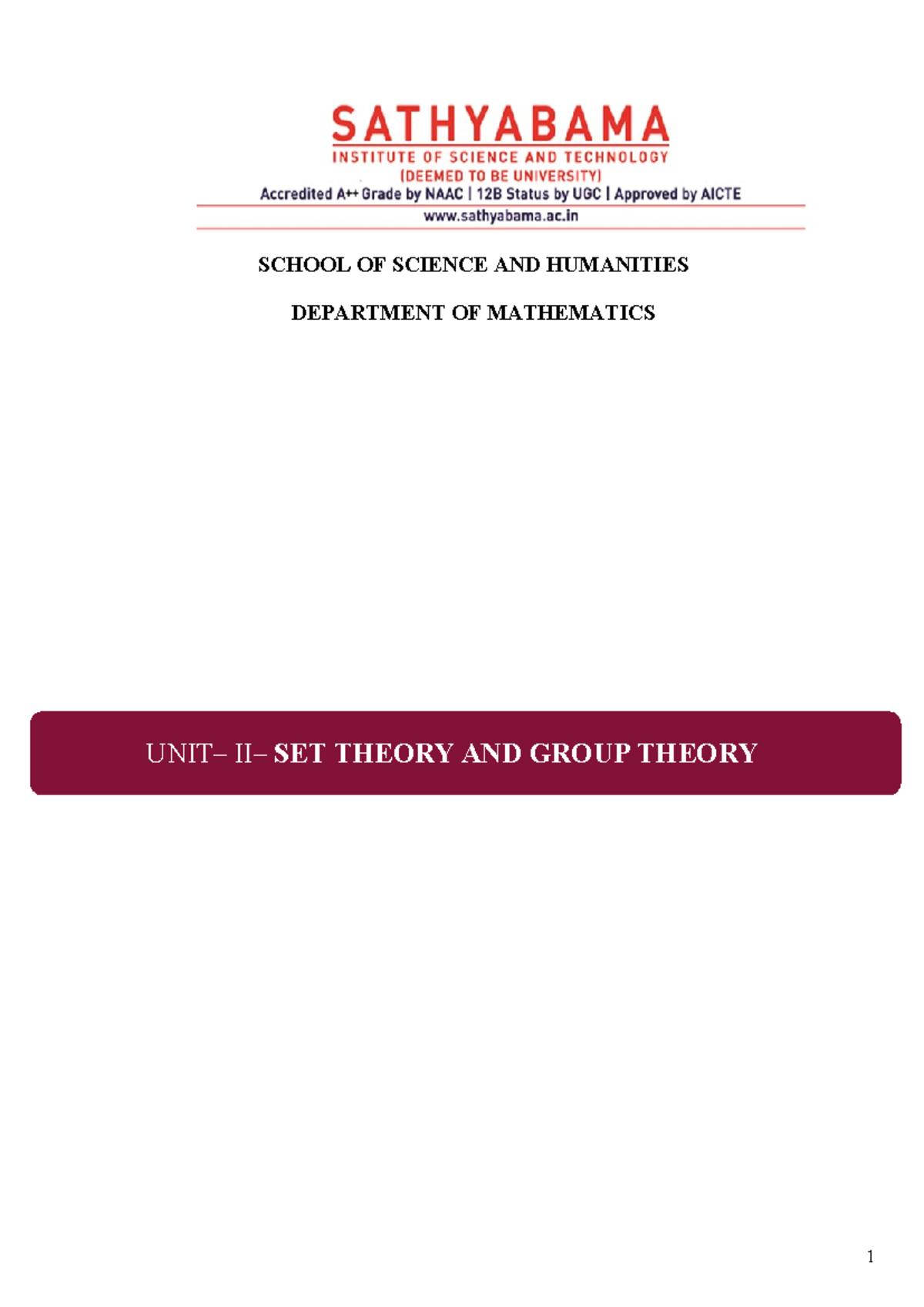 Discrete Mathematics Lecture Notes - SMTA1302 Unit II: Set Theory ...