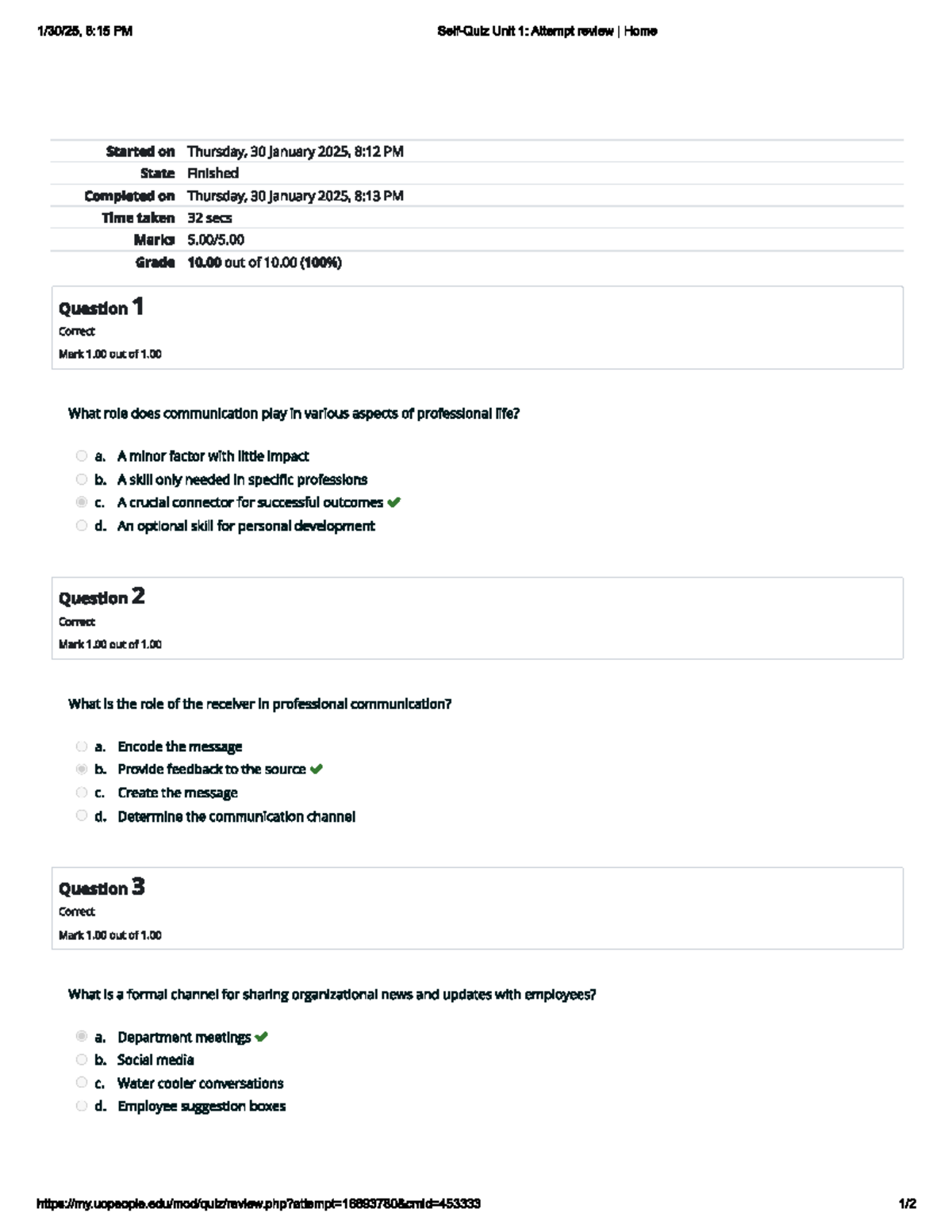 Professional Communication Self Quiz Unit 1 Review and Answers - Studocu