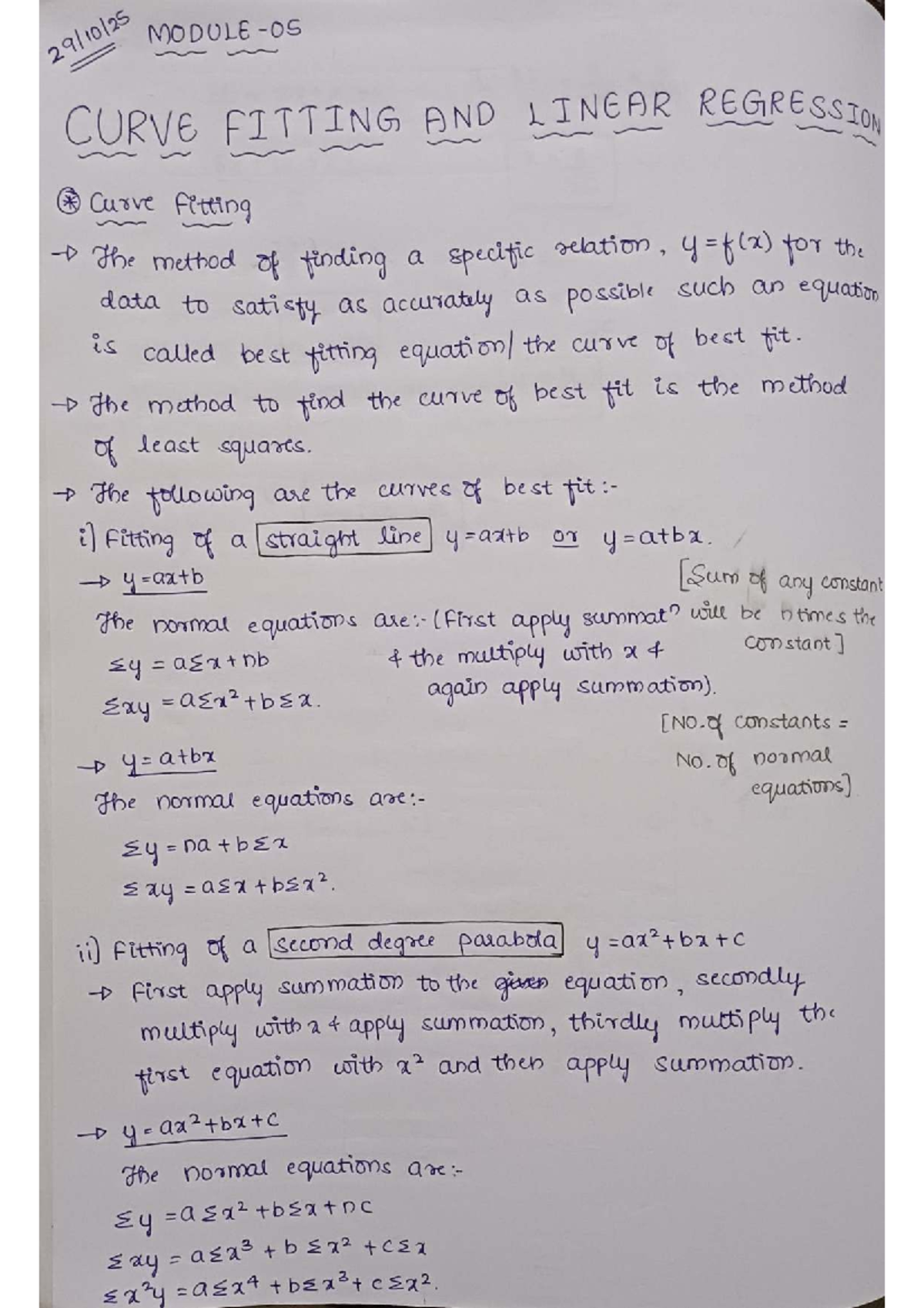 3rd Sem Maths M5: Curve Fitting & Linear Regression Notes - Studocu