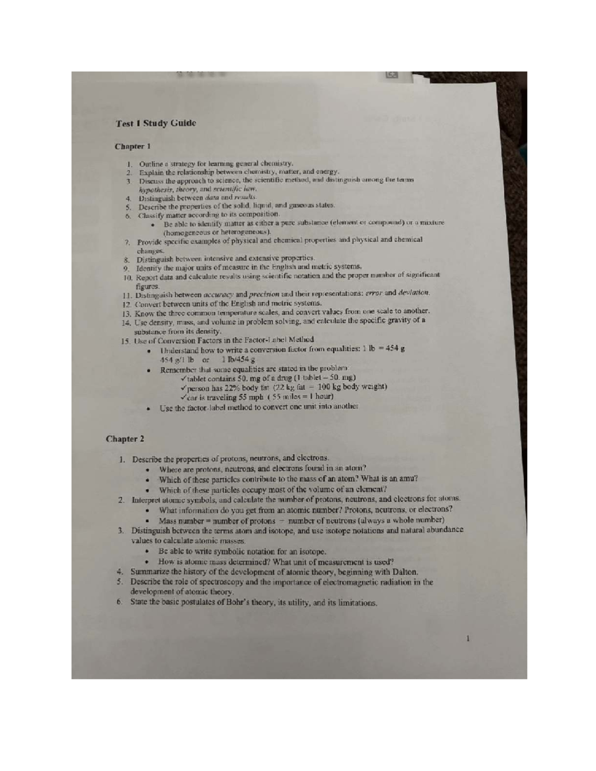 Chemistry 101 Test 1 Study Guide: Key Concepts & Strategies - Studocu