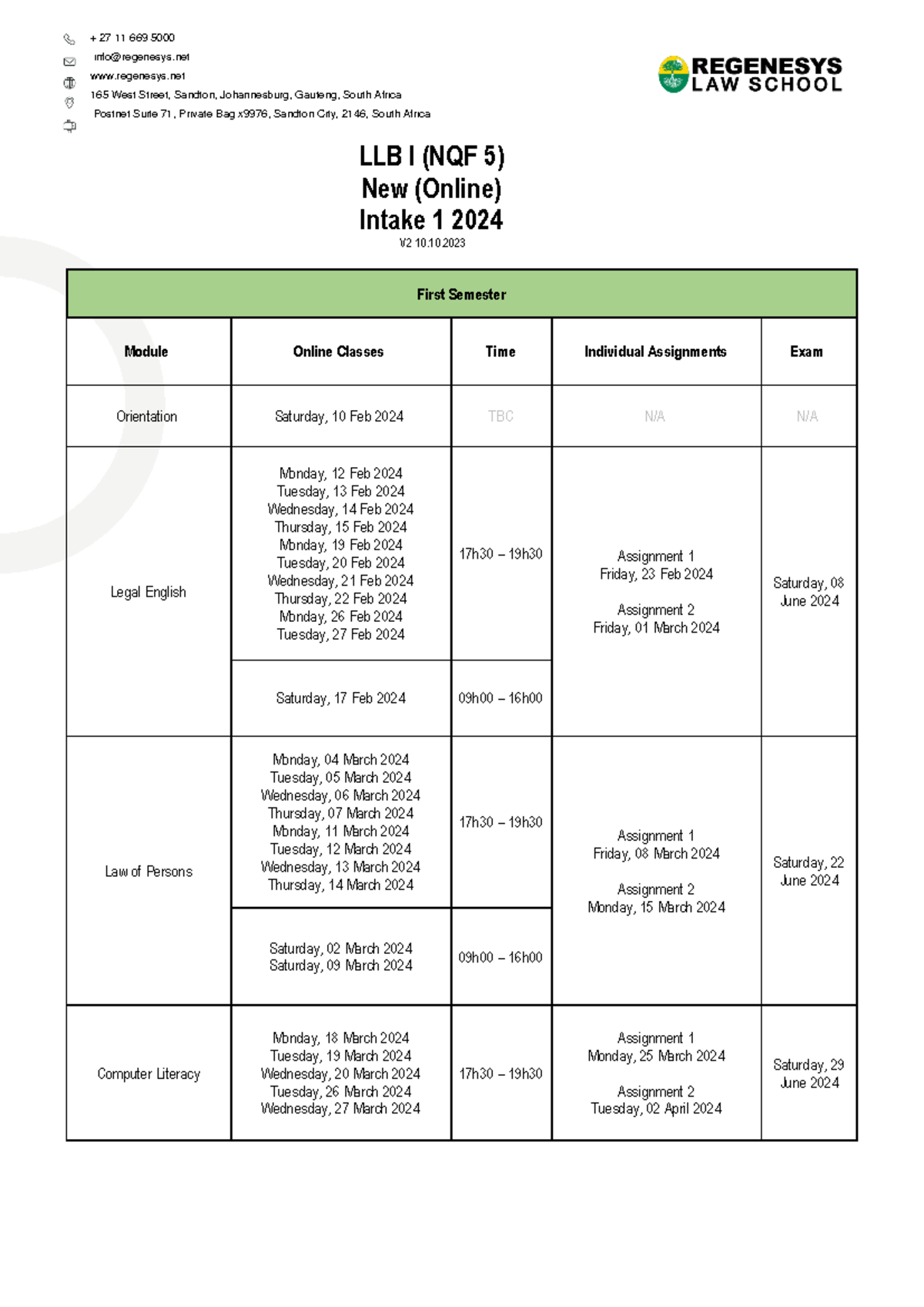 LLB - 2024 First Semester Online Class Schedule and Assignments - Studocu