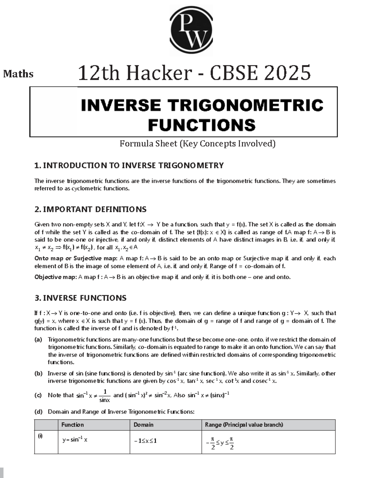 12th Hacker CBSE 2025 Maths Inverse Trigonometric Functions Formula ...