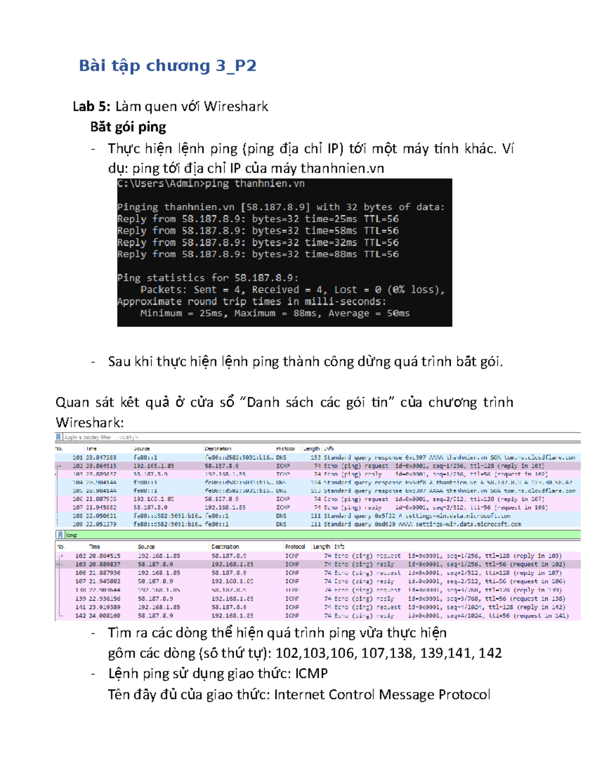 bài tập về Wireshark - Bài tập chương 3_P Lab 5: Làm quen v i Wireshark ớ Bắắt gói ping - Th c ...