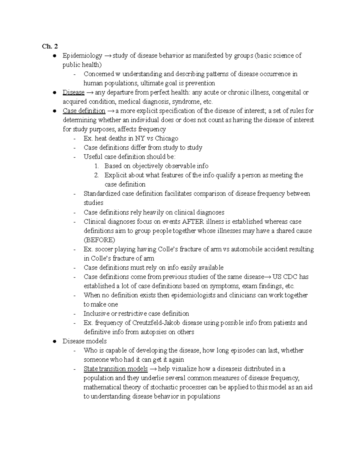 ANTH 249 text notes - Ch. 2 Epidemiology → study of disease behavior as ...