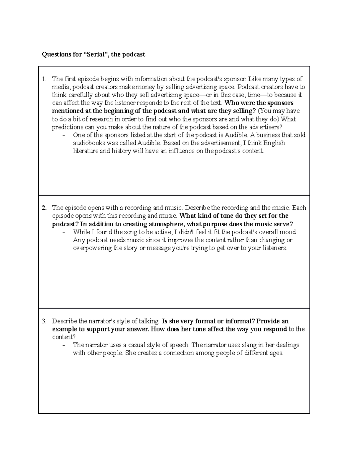 Serial Podcast Analysis Questions - ENG 101 - Studocu