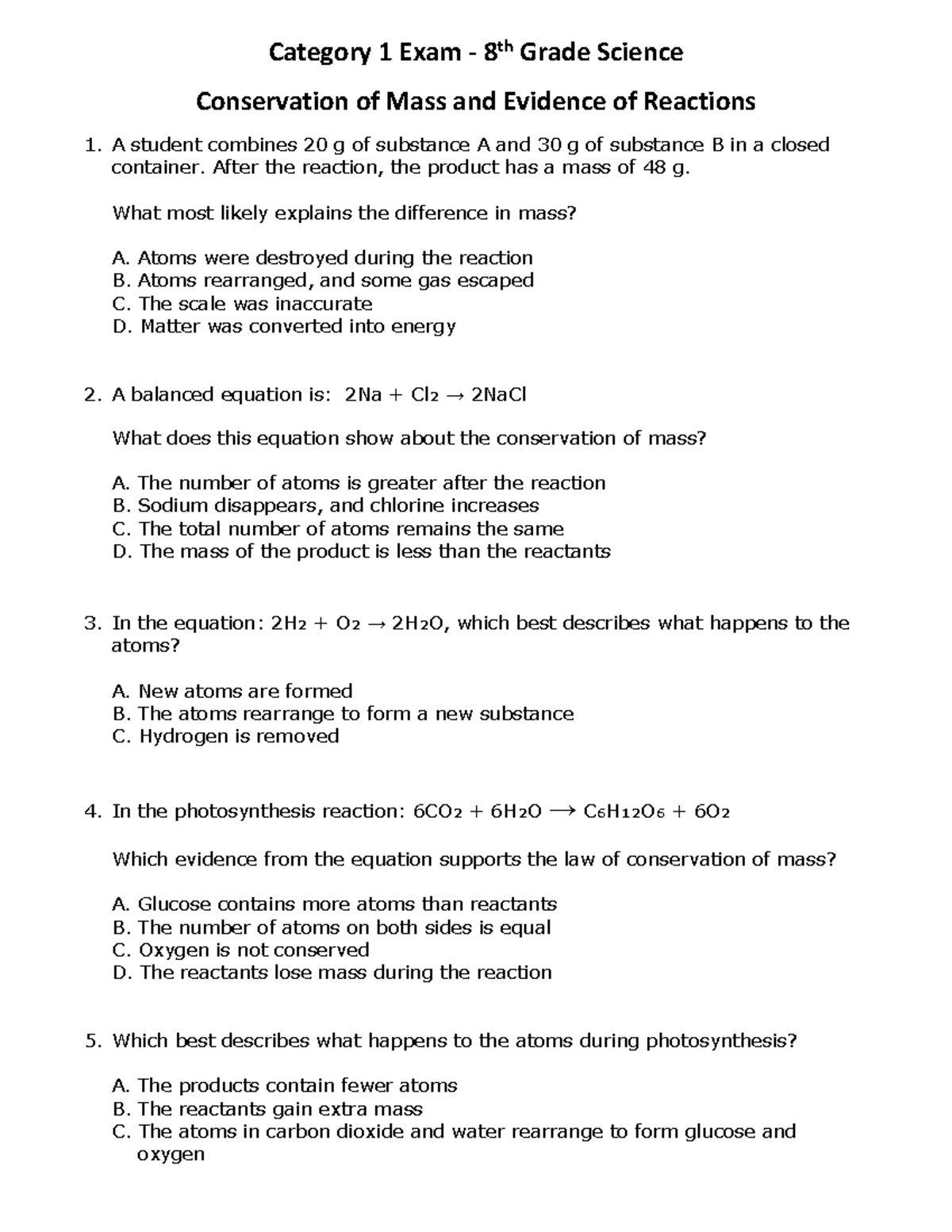 Category 1 Unit Exam: 8th Grade Science on Conservation of Mass - Studocu