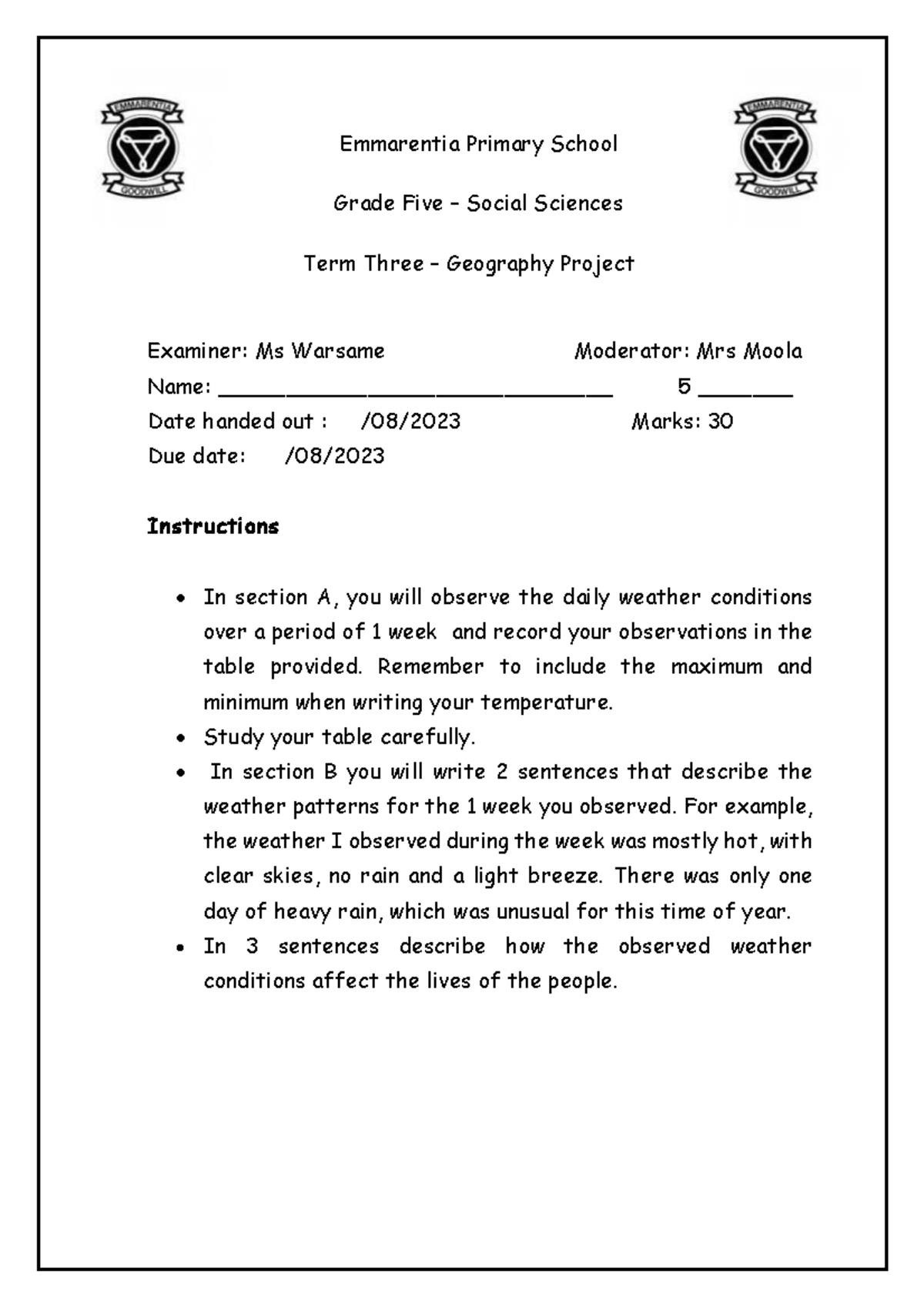 Grade 5 Social Sciences Term 3 Geography Project Instructions - Studocu