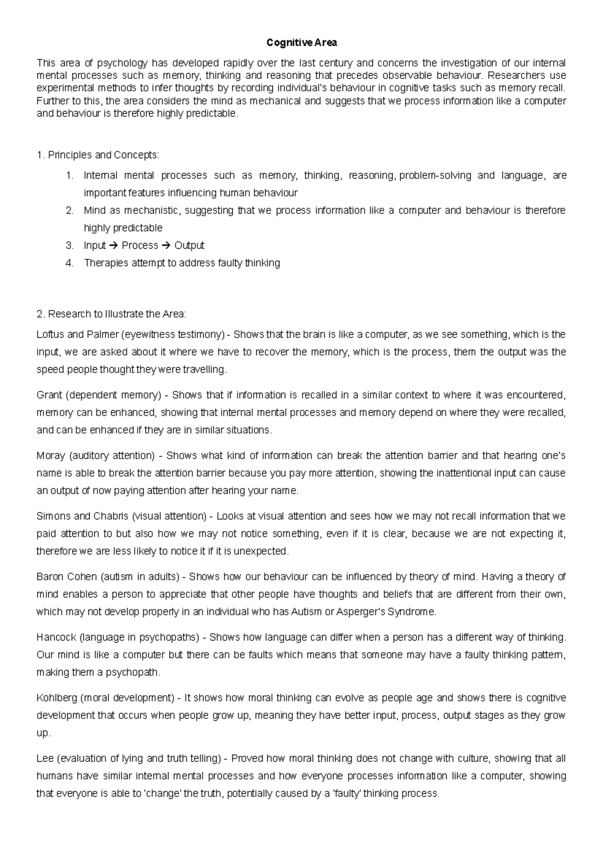Cognitive Area in Psychology: Revision Notes for Component 2 OCR - Studocu
