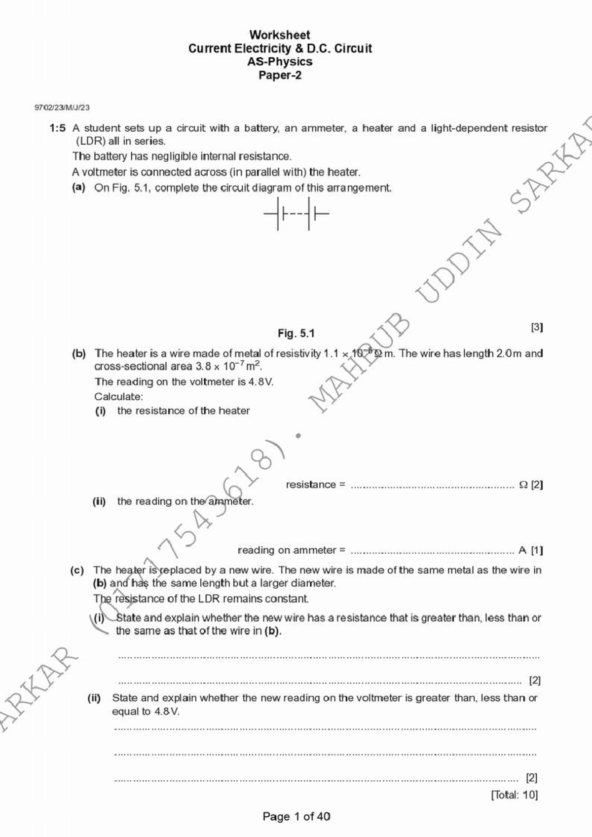 Worksheet on Current Electricity D.C. Circuit 1:5 - Potential Divider ...
