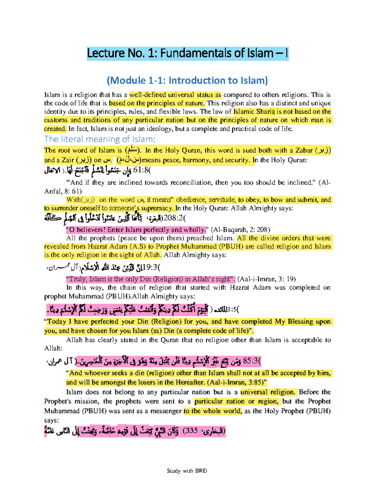 Lecture No. 1: Introduction to Islam - Fundamentals (ISL202) - Studocu