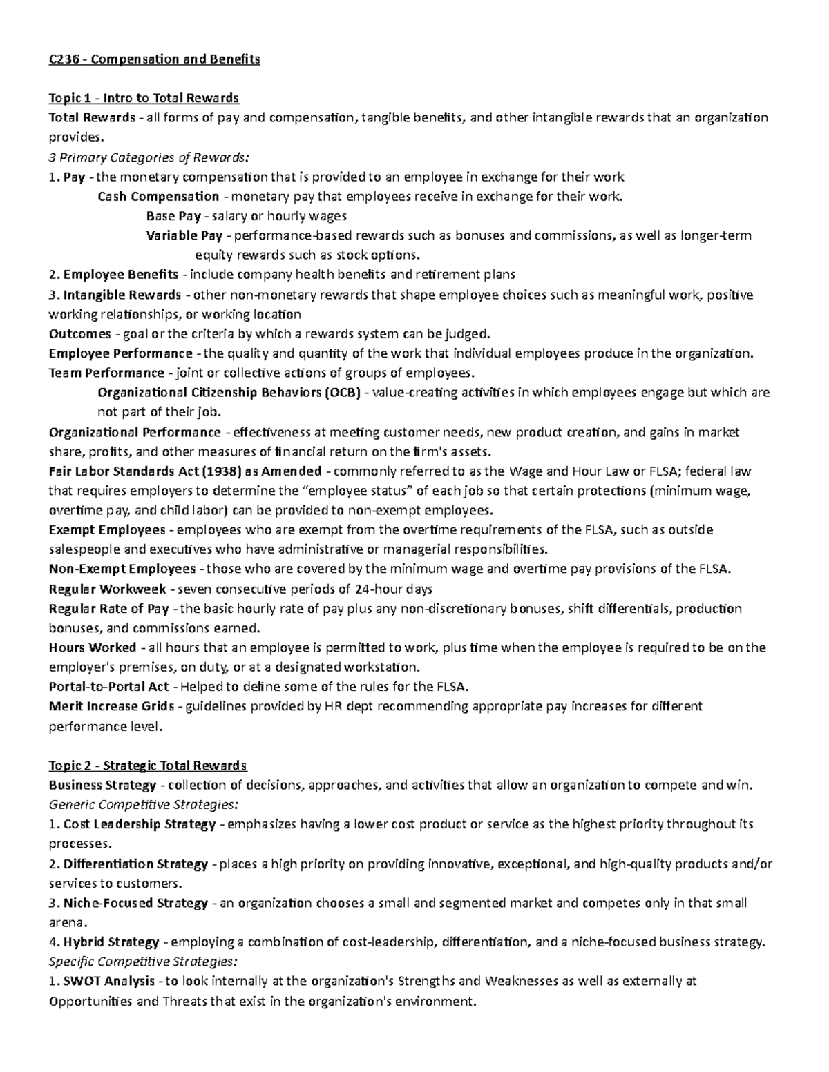 C236 Final Exam Notes for Compensation and Benefits Overview - Studocu