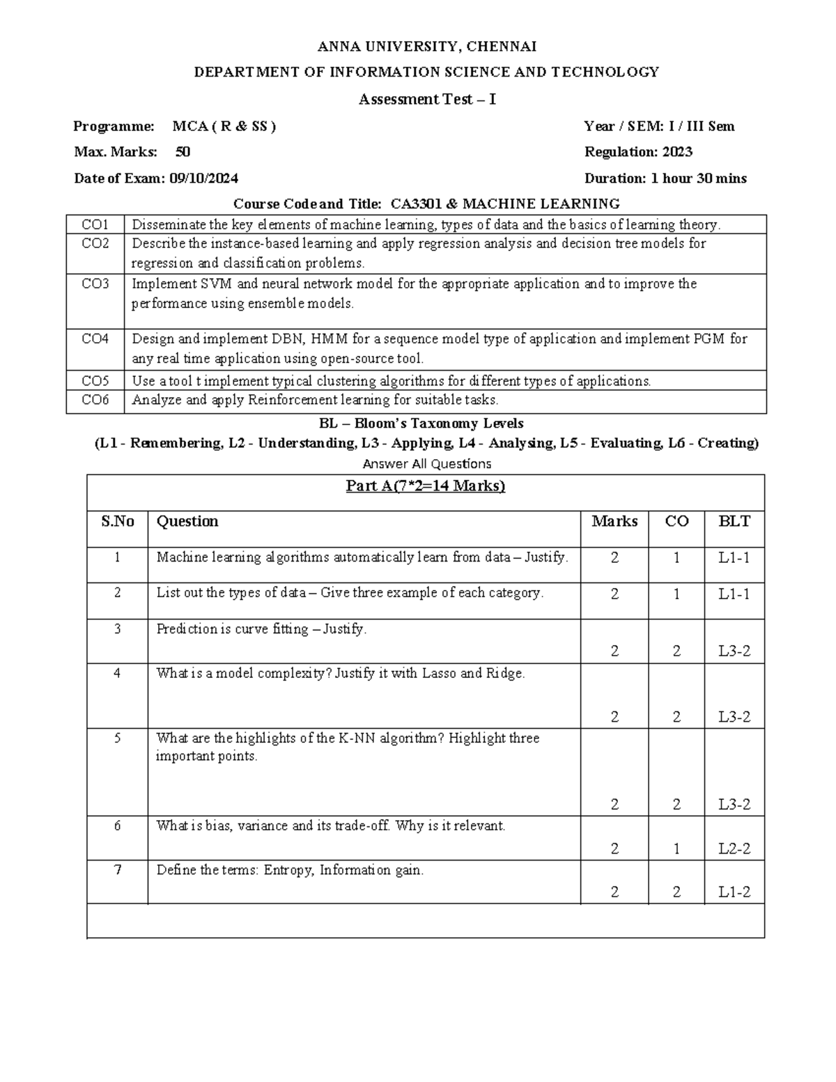 CA3301 Machine Learning - Assessment Test I Notes - Studocu