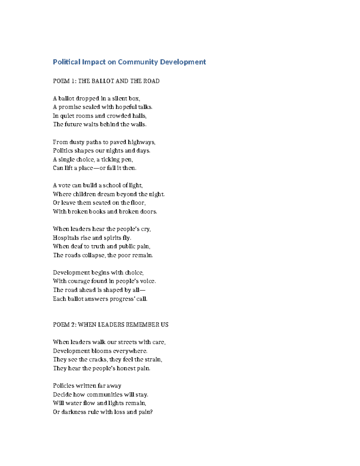 Political Impact on Community Development: A Poetic Exploration - Studocu