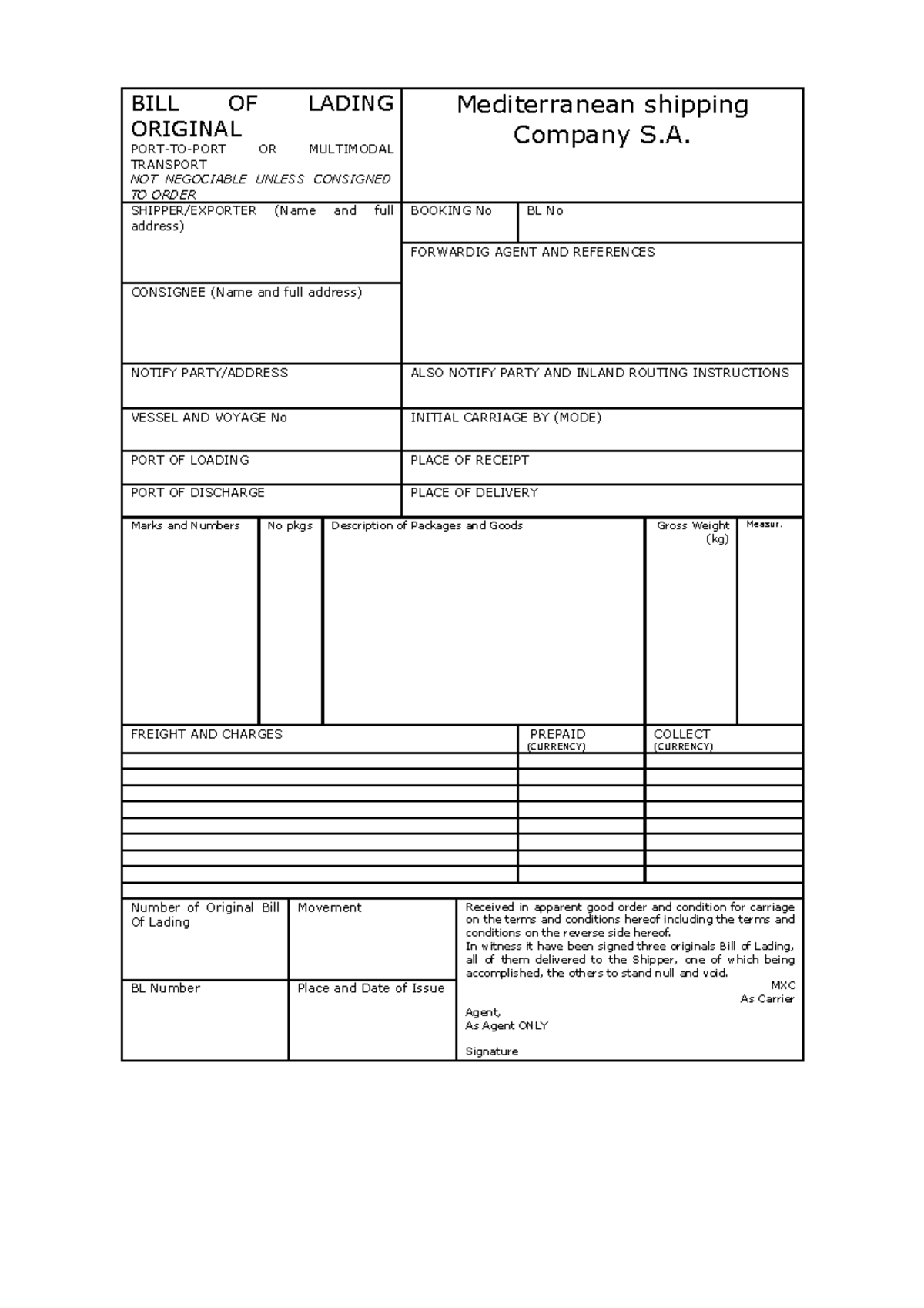 Modelo DE Conocimiento DE Embarque BILL OF Lading Abril 2012 - BILL OF ...