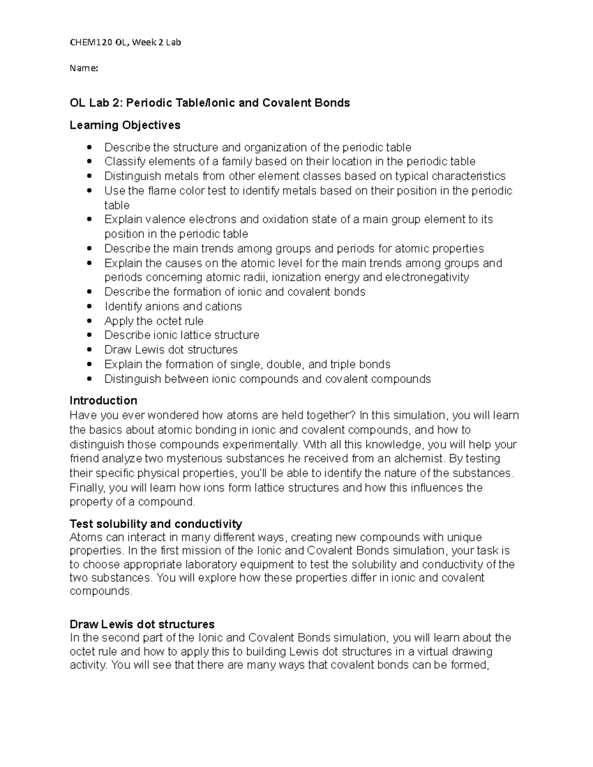 Week 2 jordan - Week two assignment - Name: OL Lab 2: Periodic Table/Ionic and Covalent Bonds ...